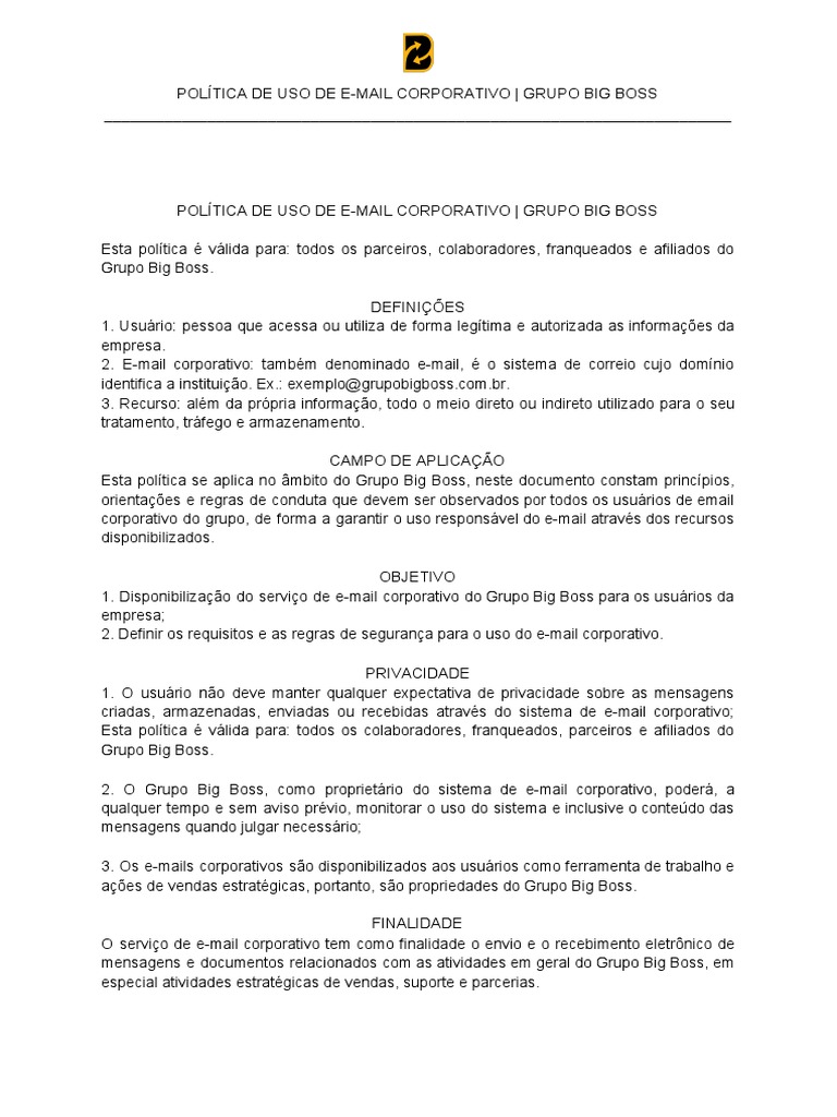 Política de Uso de E-Mail Corporativo - Grupo Big Boss | PDF | Spamming ...