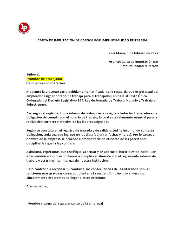 Modelo Carta de Imputacion de Falta Por Tardanza LP | PDF | Negocios | Derecho