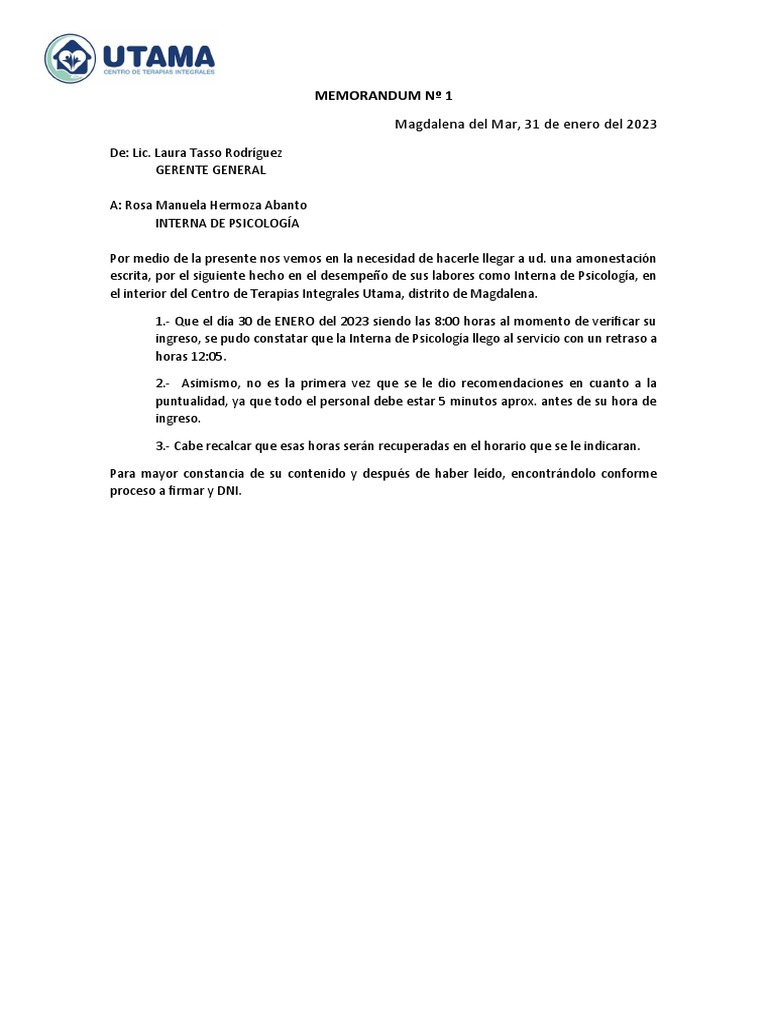 Memorándum de amonestación escrita a psicóloga interna por llegar tarde al trabajo | PDF