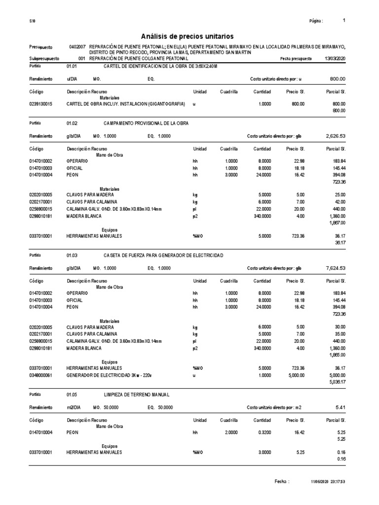 Analisis de Precios Unitarios | PDF | Ingeniería estructural | Infraestructura de transporte