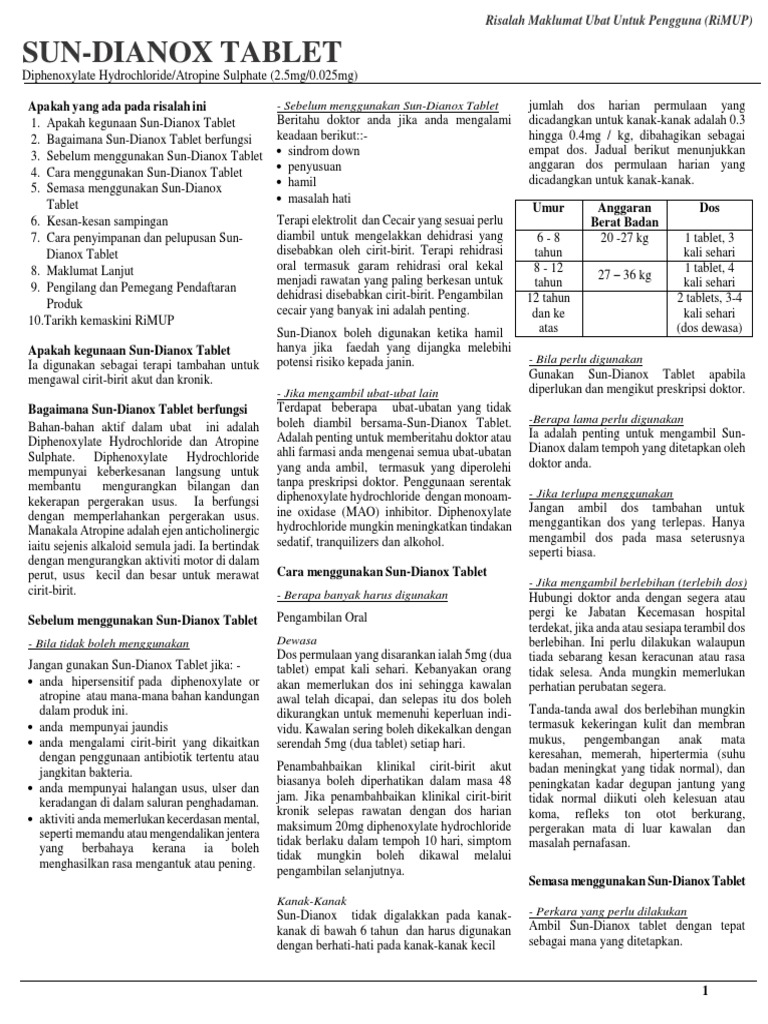 Kegunaan dan Dos Sun-Dianox Tablet | PDF