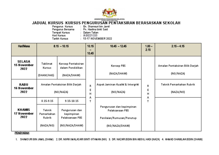Jadual Kursus PBS - 15-17 November 2022 | PDF
