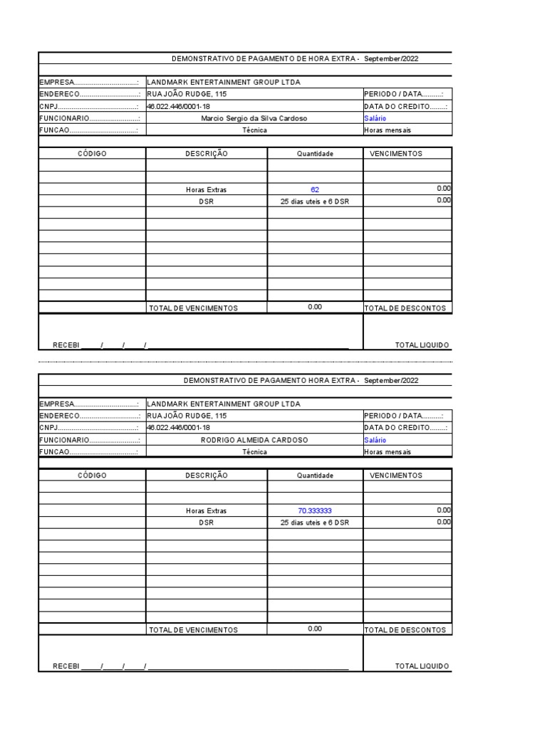 Recibos de Horas Extras | PDF | Hora extra | Direito Civil (sistema jurídico)