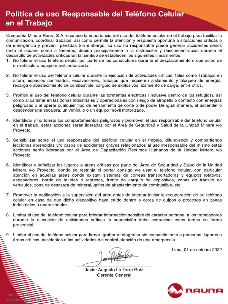 Política de Uso Responsable Del Teléfono Celular en El Trabajo | PDF ...