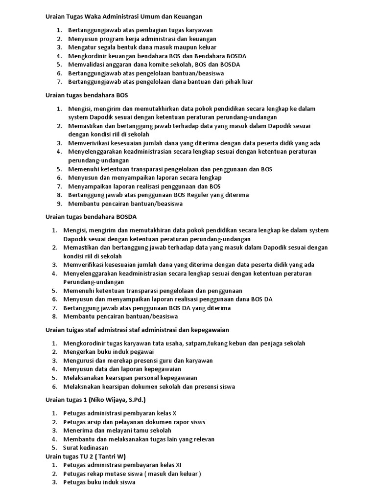 Uraian Tugas Waka Administrasi Umum Dan Keuangan | PDF