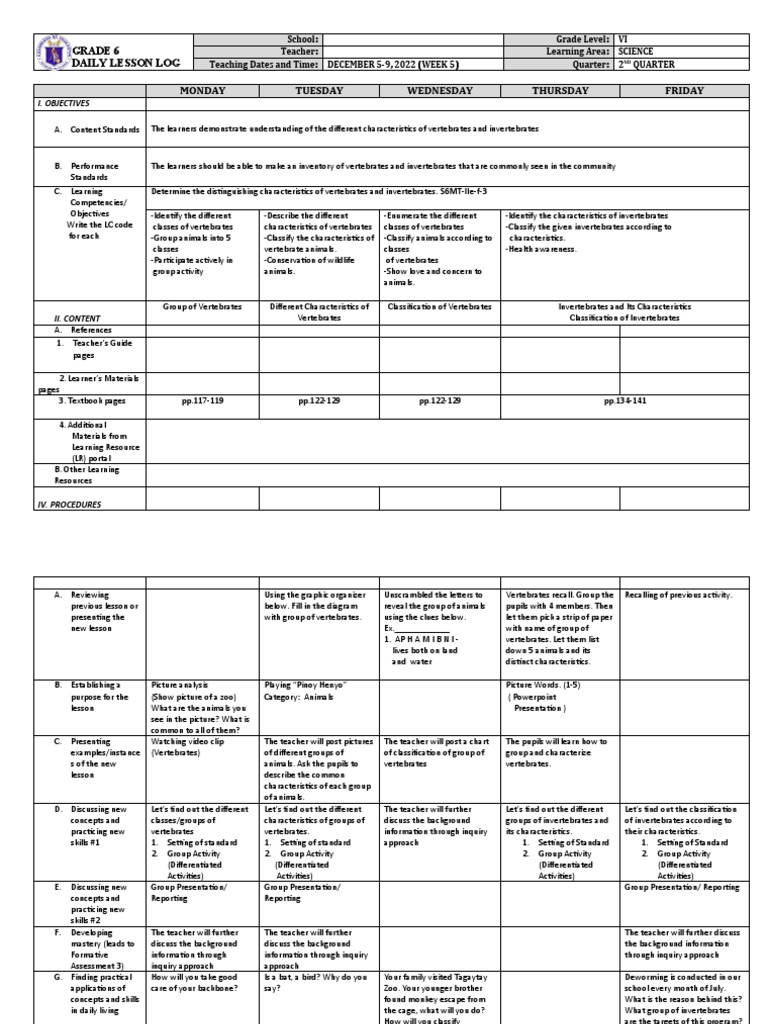 Grade 6 Science Lesson on Vertebrates and Invertebrates | PDF ...