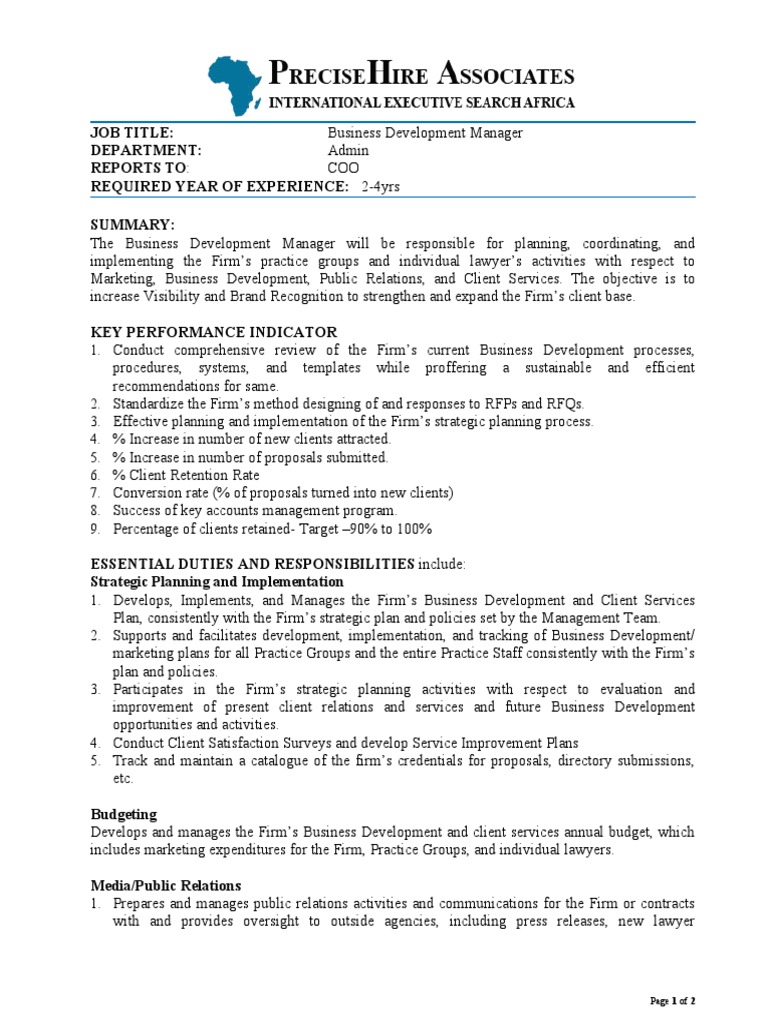 Business Development Manager Job Description | PDF | Public Relations ...