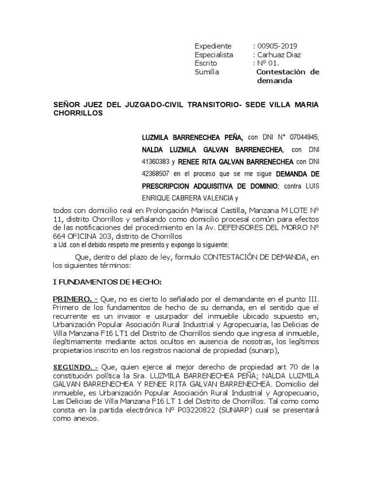 Contestacion Demanda | PDF | Demanda judicial | Principios éticos