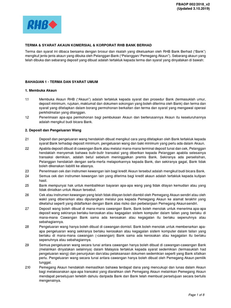 Terma Dan Syarat Akaun RHB Bank Berhad Perniagaan | PDF