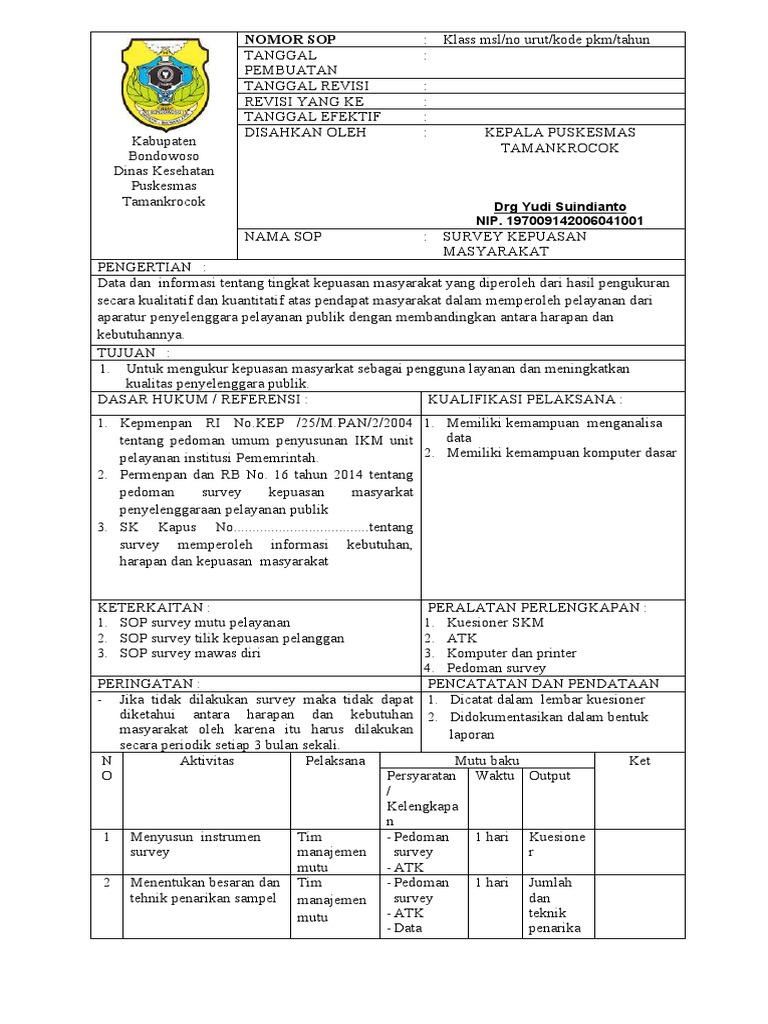 SOP Survey Kepuasan Masyarakat Puskesmas | PDF