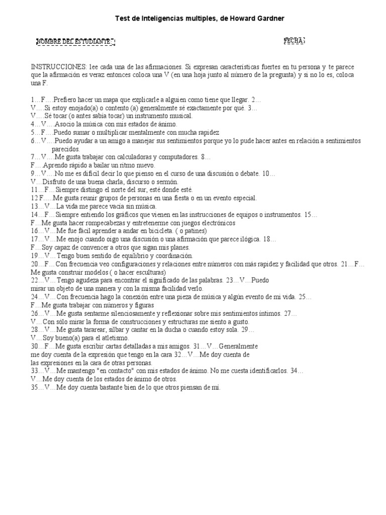 Test de Inteligencias Multiples Howard Gardener | PDF | Cognición