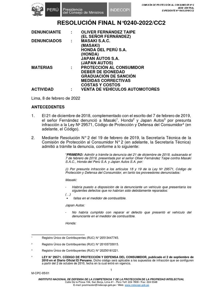Resolución Final N°0240-2022/cc2 | PDF | Multa (pena) | Protección al Consumidor