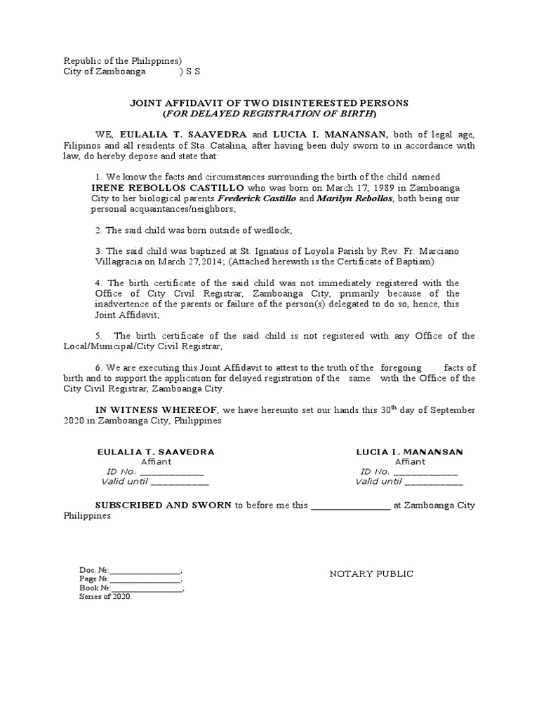 Sample Joint Affidavit of Two Disinterested Persons For Delayed Birth ...