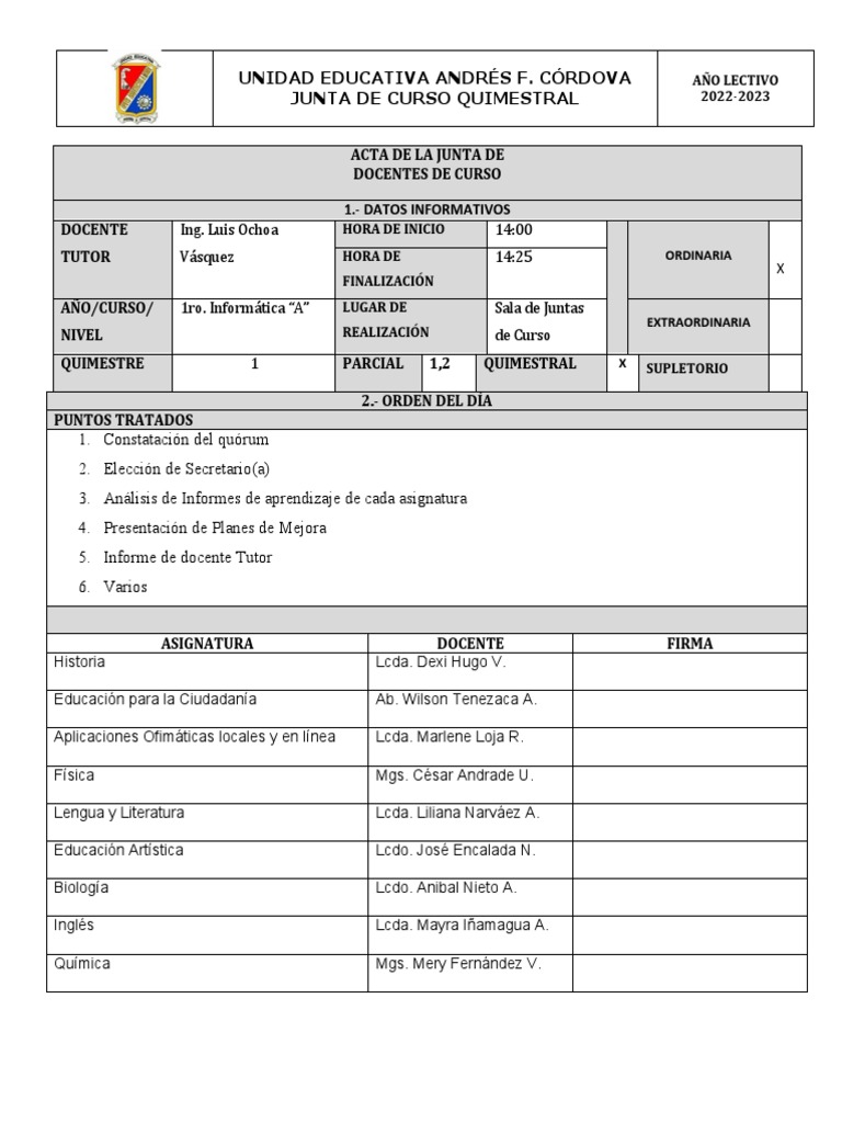 Formato de Acta de Junta de Curso | Descargar gratis PDF | Modificación de comportamiento ...