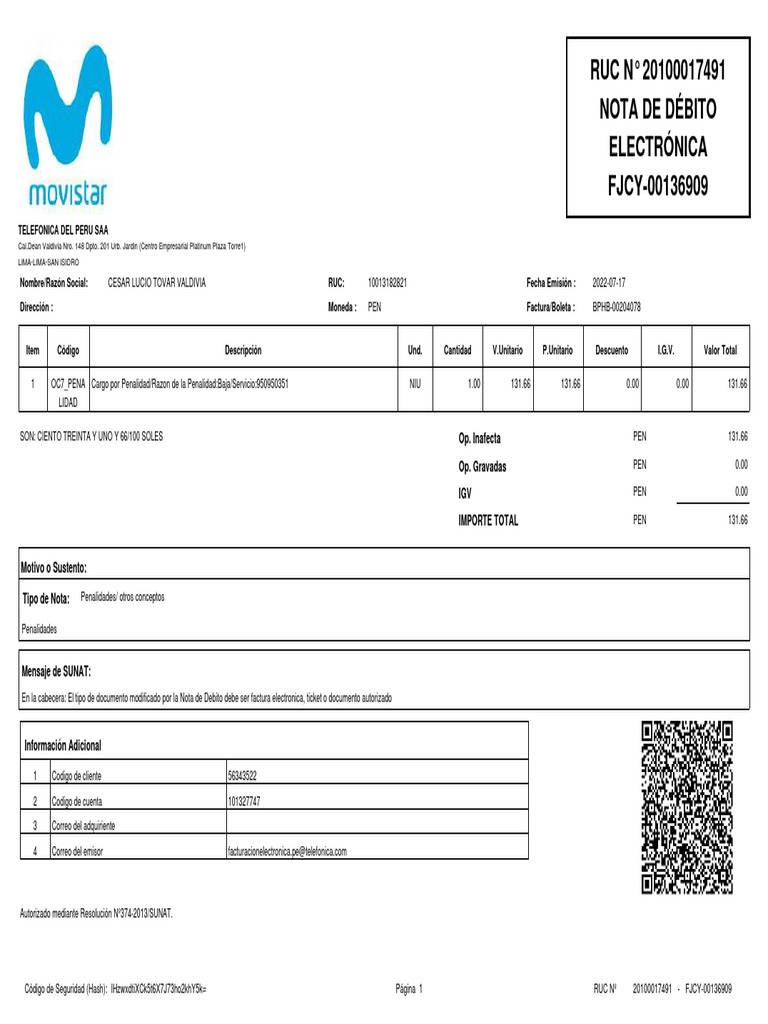 Nota de Débito Electrónica - Telefónica Perú | PDF | Industrias de servicio