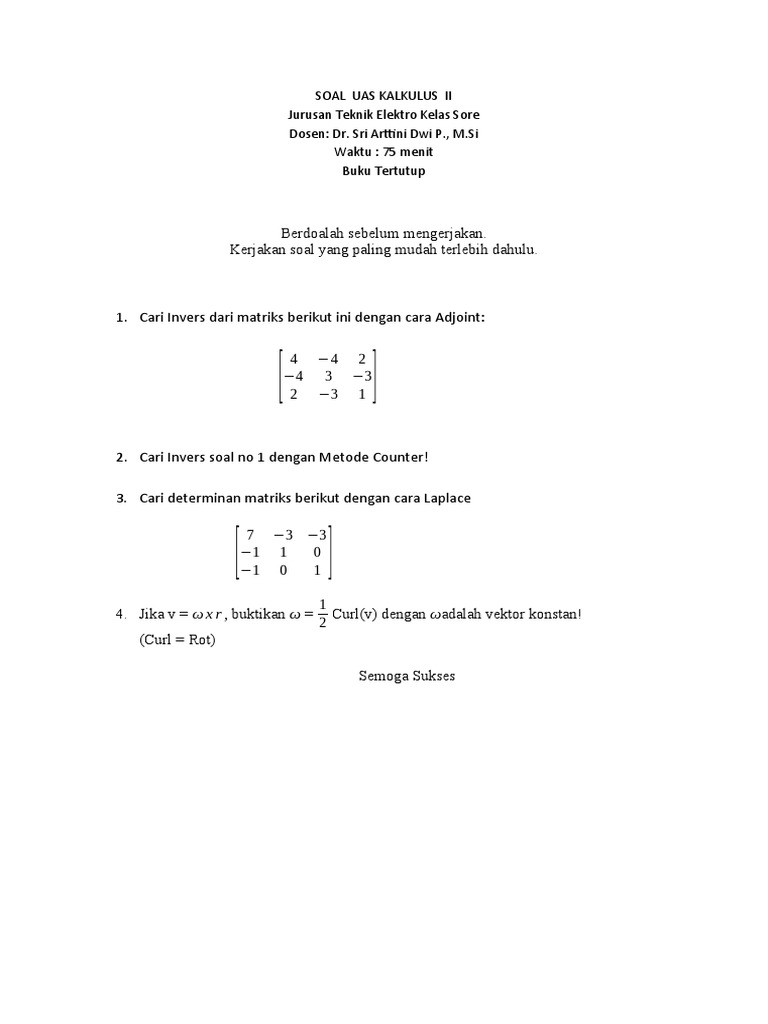Uts Kalkulus 2 Elektro Kelas Sore 2018 | PDF