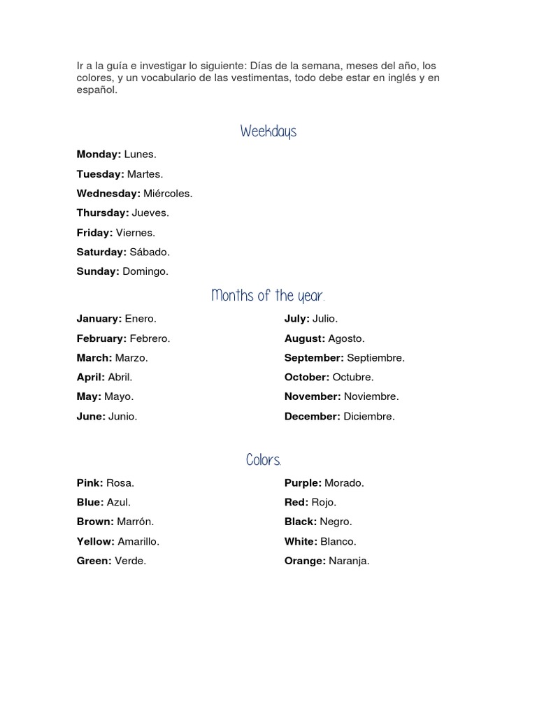 Guide English Spanish Weekdays Months Colors Clothing | PDF