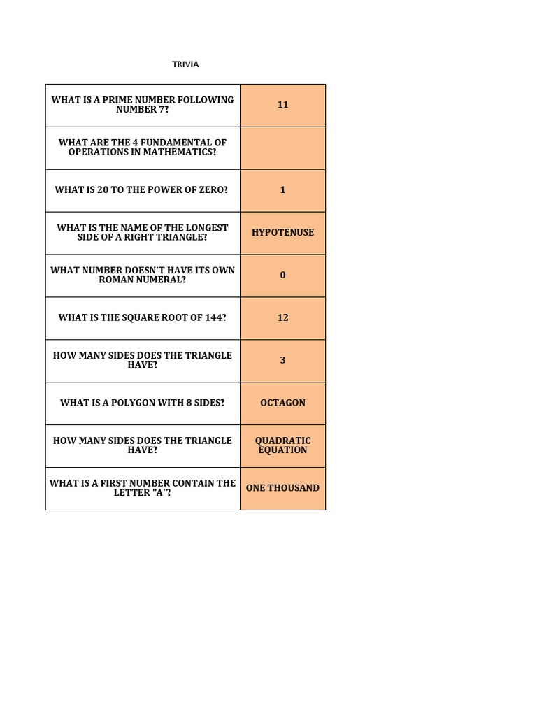 Math and Science Trivia Questions | PDF | Teaching Methods & Materials
