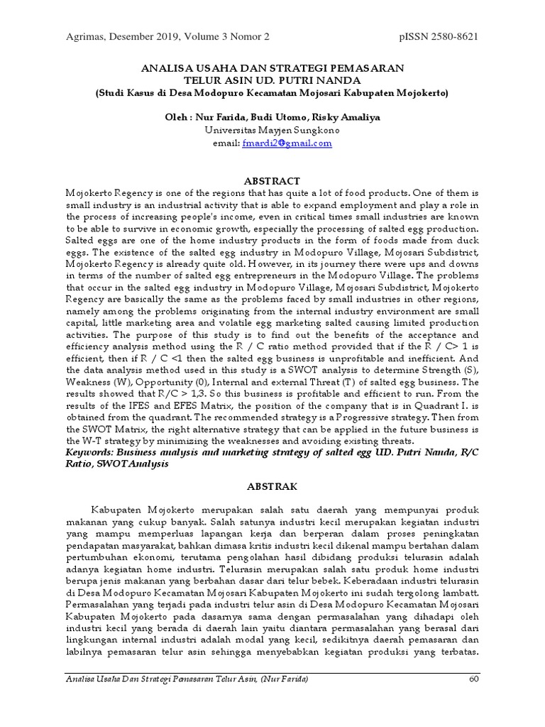 galley+AGRI19 NurFarida ANALISA+USAHA+DAN+STRATEGI+PEMASARAN+TELUR+ASIN+UD.+PUTRI+NANDA+ (60-67 ...