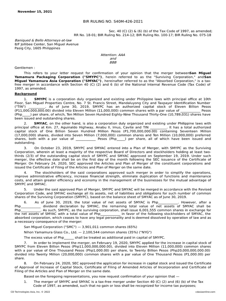 BIR Ruling No. S40M-426-2021 - Tax Free Merger | PDF | Taxes | Mergers ...