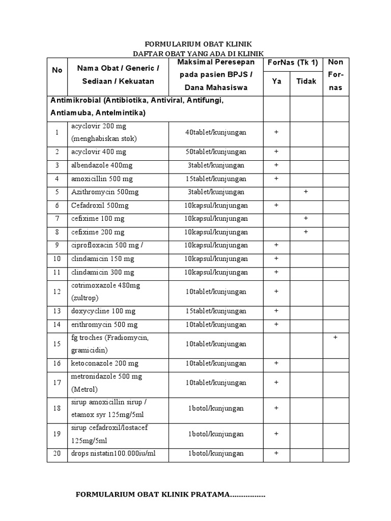 Daftar Formularium Obat Klinik | PDF