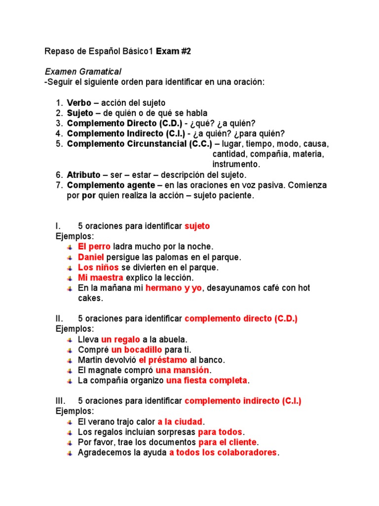 Repaso de Español Básico1 Exam 2 | PDF | Asunto (gramática) | Sintaxis