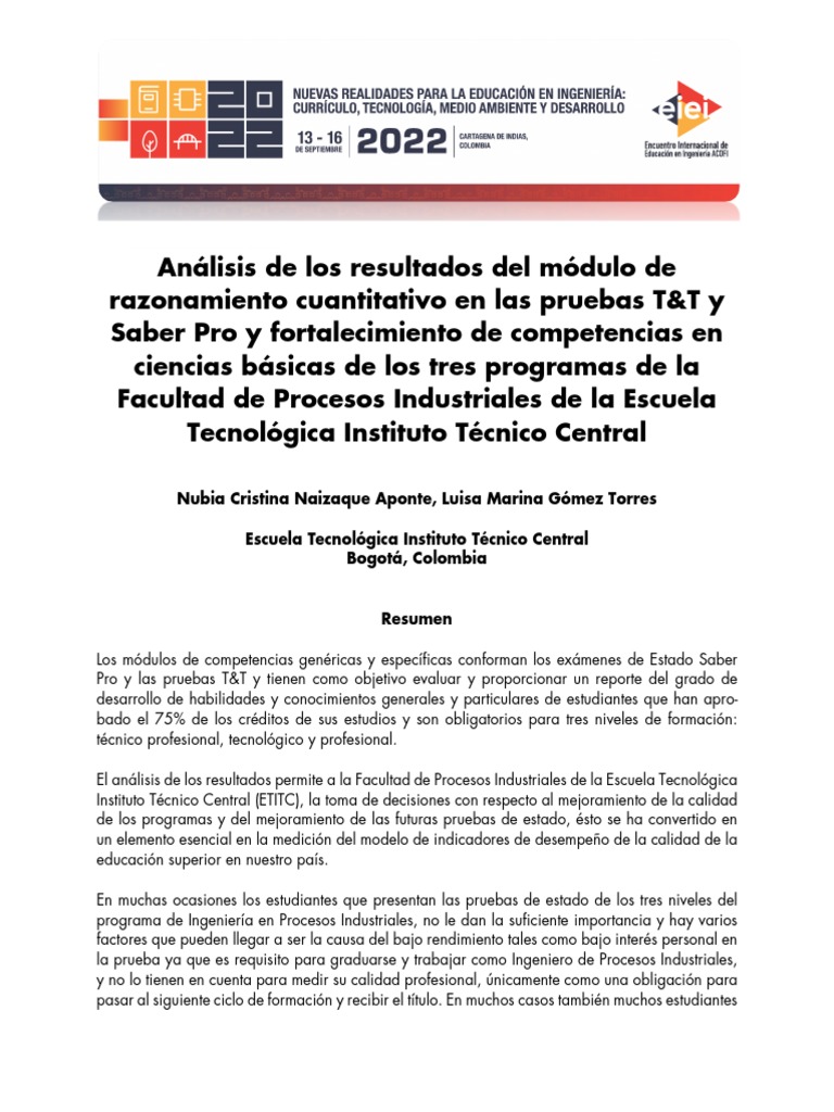 Análisis de Los Resultados Del Módulo de Razonamiento Cuantitativo en Las Pruebas T&T y Saber ...