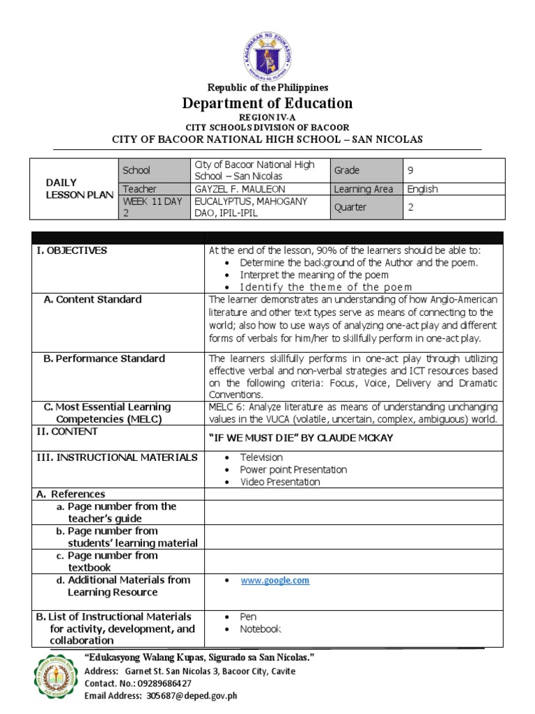 Grade 9 English Lesson Plan: Claude McKay's "If We Must Die" | PDF ...