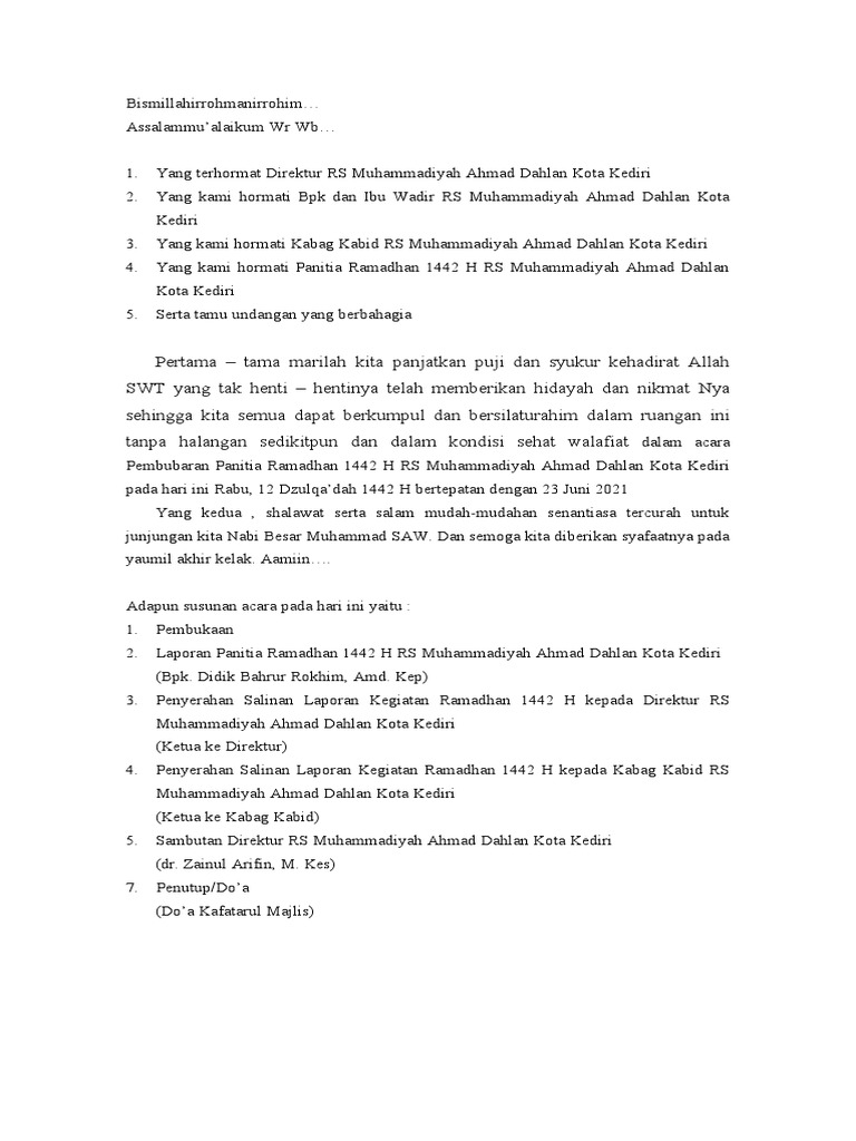 Susunan Acara Pembubaran Panitia Ramadhan 1442 H | PDF