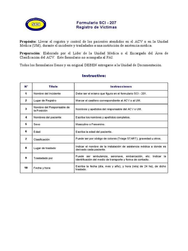 Formulario SCI - 207 Registro de Víctimas: Instructivo | PDF