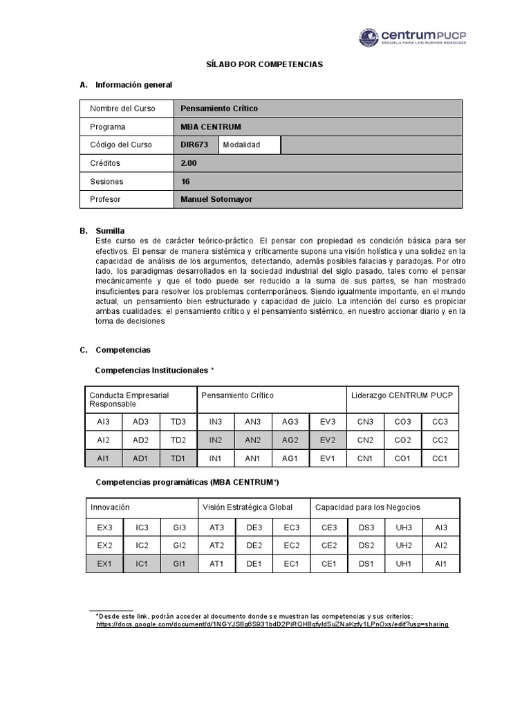 01 Silabo Por Competencias Pensamiento Crítico | PDF | Pensamiento | Falacia