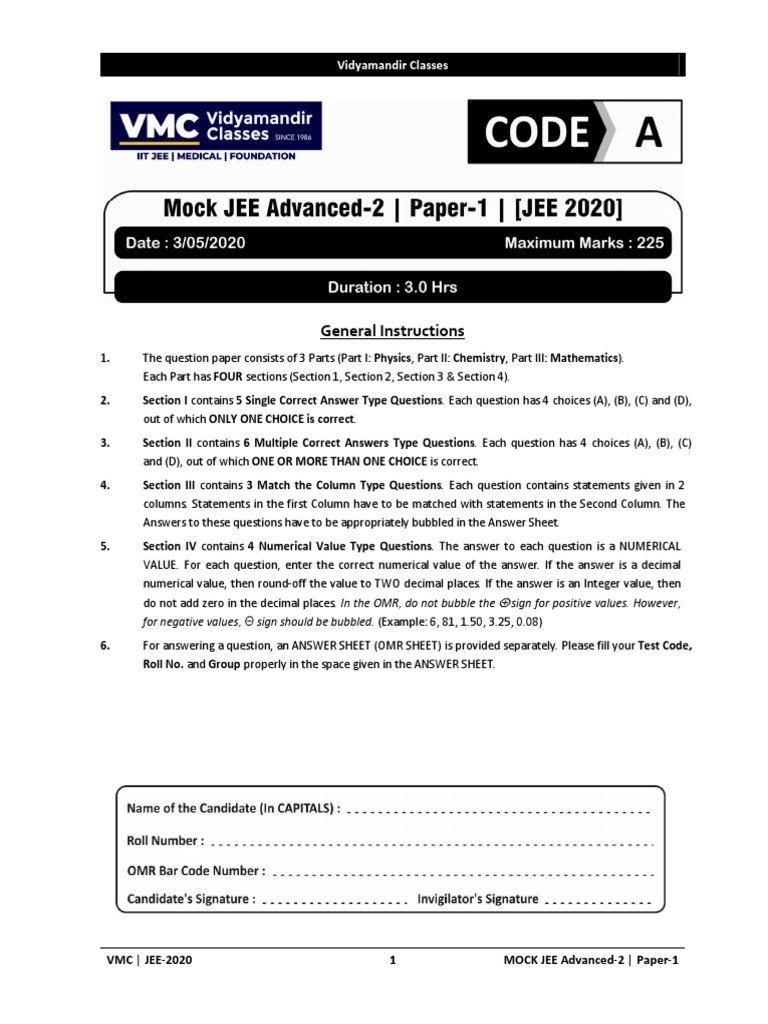 Vidyamandir Classes Mock JEE Advanced-2 Paper-1: General Instructions ...