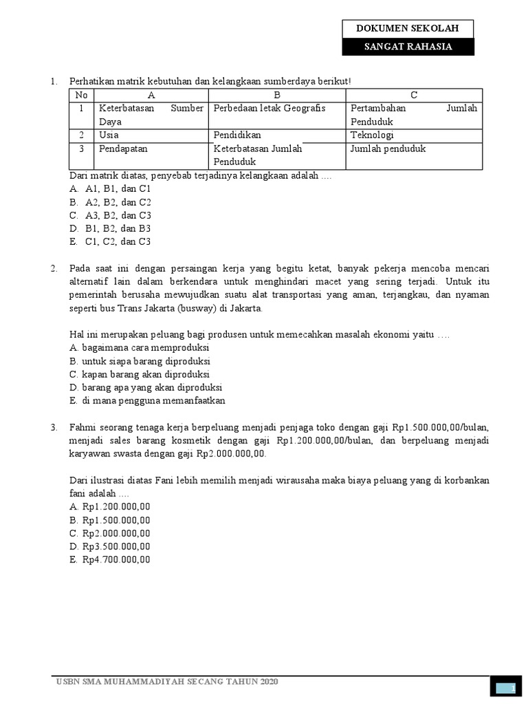 Soal Utama Usbk 2020 | PDF