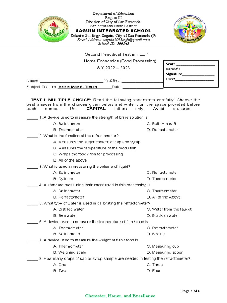 TLE 7 Home Economics Periodical Test | PDF | Hygiene | Hazards