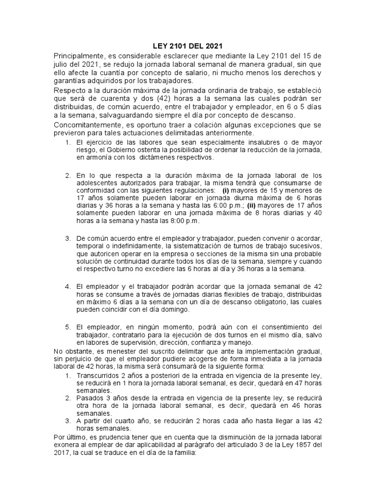 Ley 2101 Del 2021 | PDF | Tiempo de trabajo
