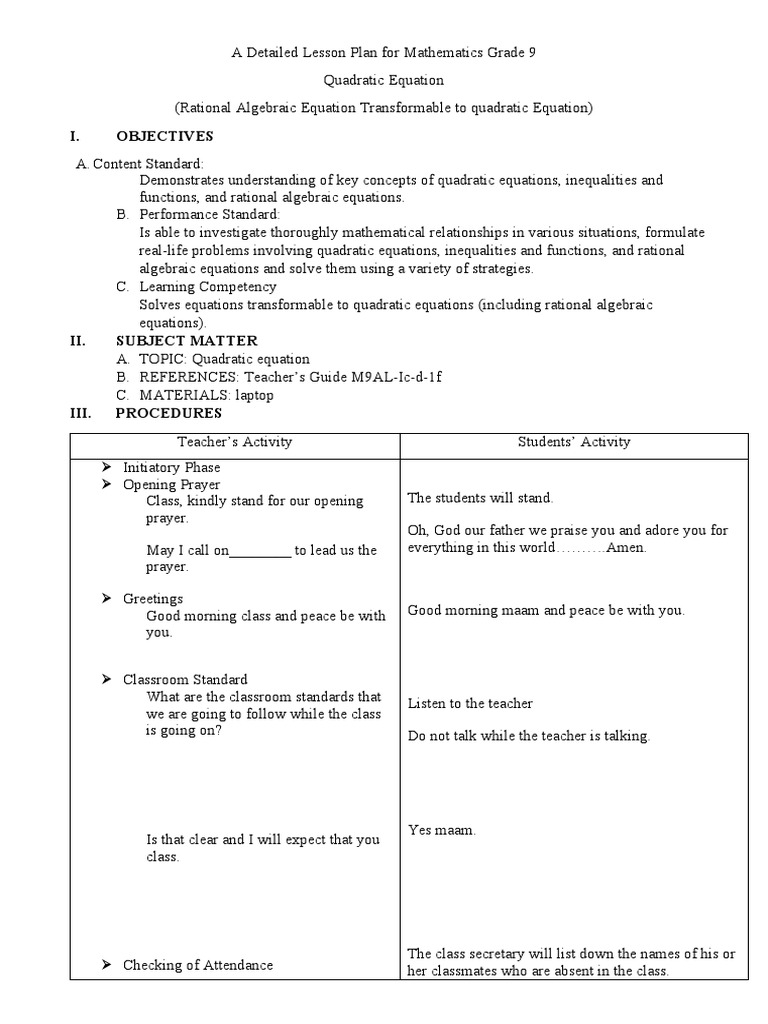 Solving and Transforming Rational Algebraic Equations into Standard Quadratic Form | PDF ...