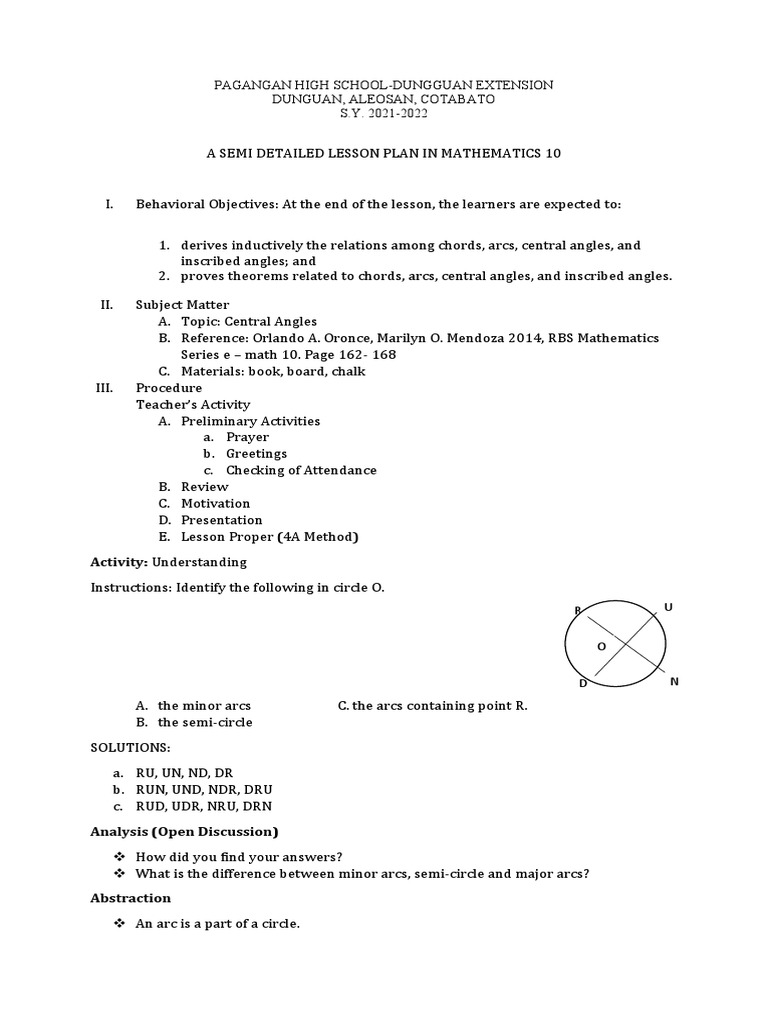 A Semi Detailed Lesson Plan in Mathematics 10 | PDF | Angle | Circle