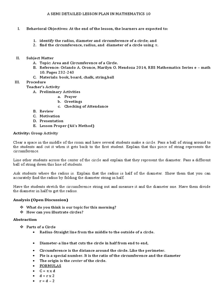 Area And Circumference Of A Circle Pdf Area Circle