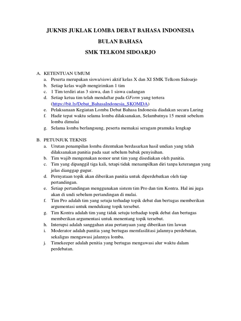 Juknis Juklak Lomba Debat Bahasa Indonesia | PDF