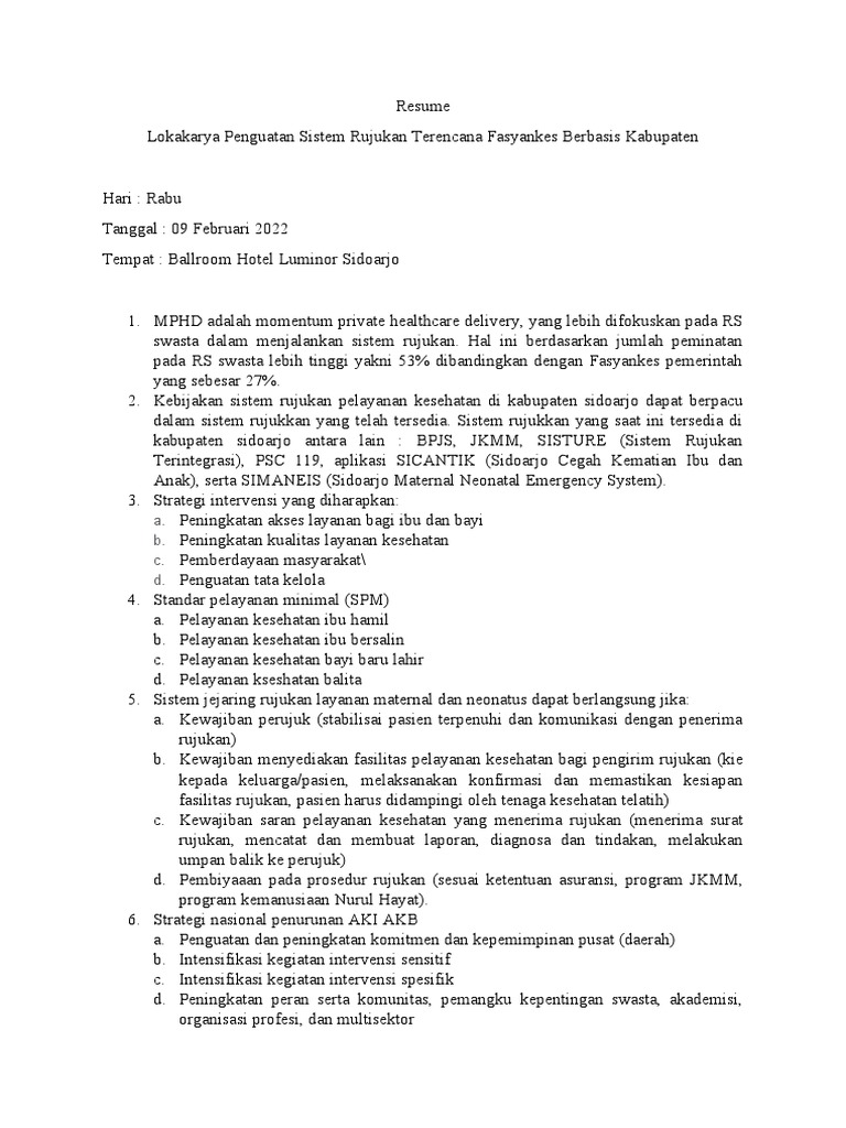 Resume Lokakarya Penguatan Sistem Rujukan | PDF