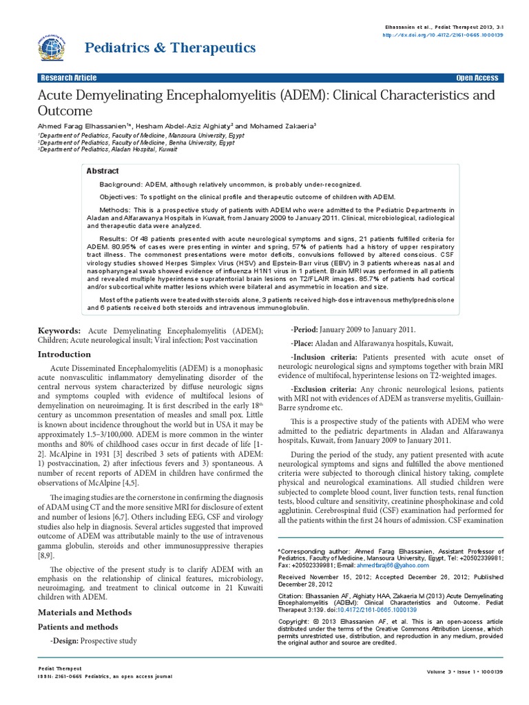 Acute Demyelinating Encephalomyelitis (ADEM) | PDF | Medicine | Medical Specialties