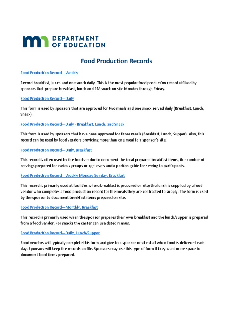 Food Production Record Templates | PDF | Meal | Lunch