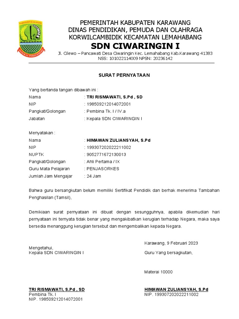 Surat Pernyataan Belum Sergur Himawan | PDF