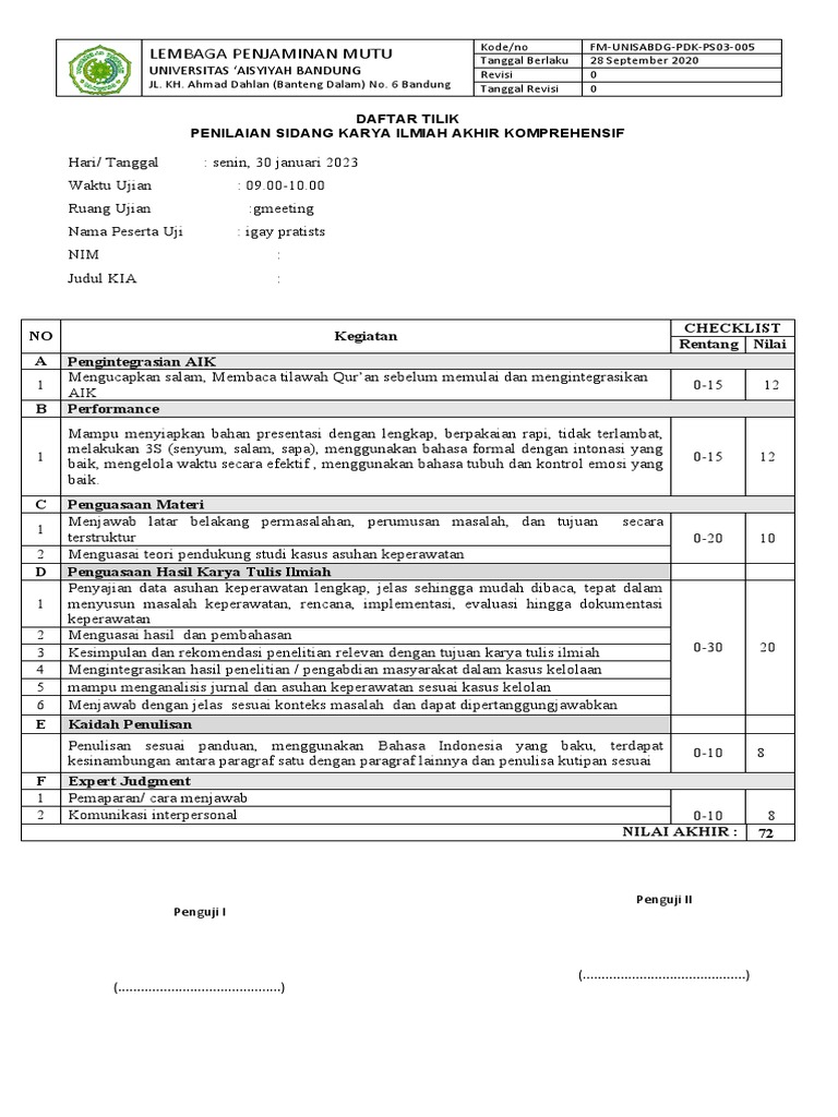 Formulir Penilaian Penguji Karya Ilmiah Akhir - PENGUJI 1 DAN 2 | PDF Formulir Penilaian Penguji Karya Ilmiah Akhir - PENGUJI 1 DAN 2 | PDF