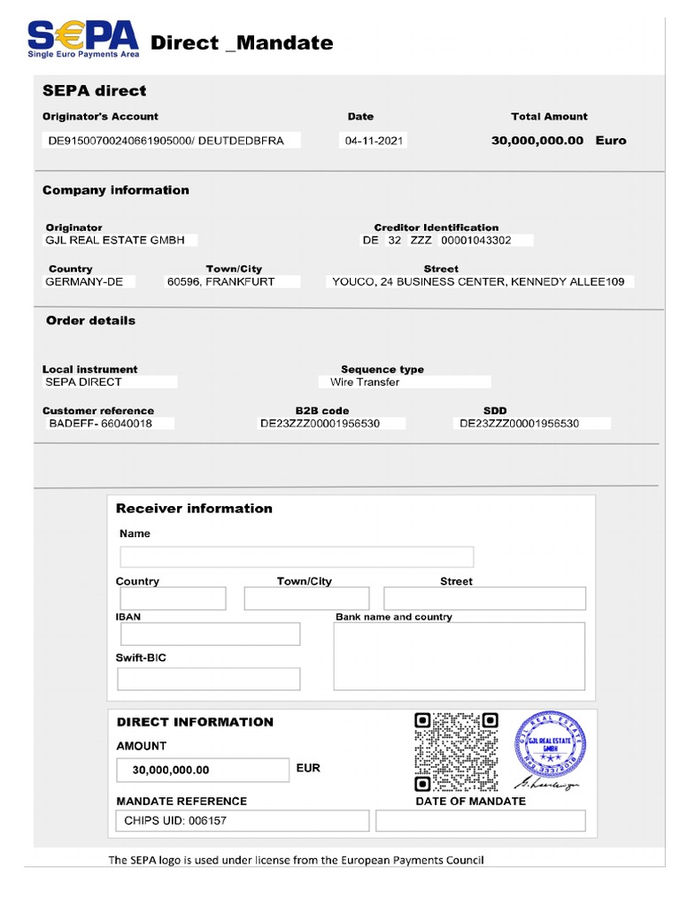 Enviar para SEPA Transfer 30 Million Euros | PDF