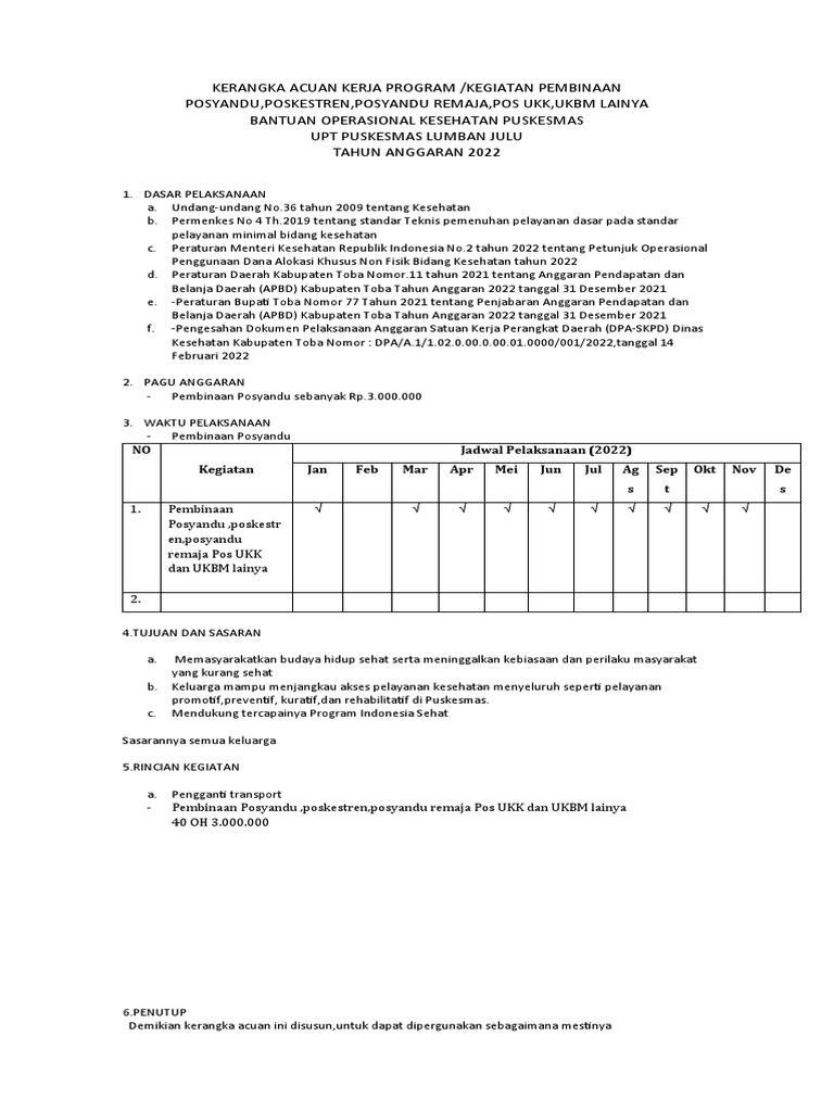 KERANGKA ACUAN KERJA PROGRAM Pembinaan Posyandu | PDF | Griya & Taman