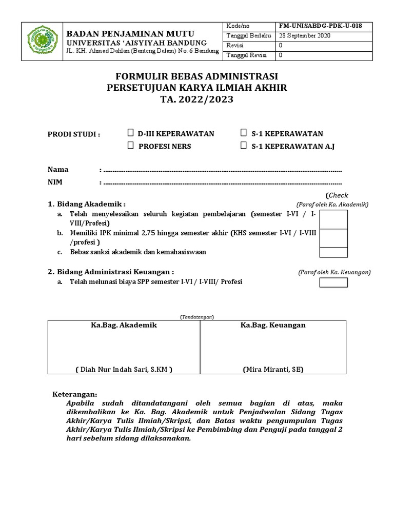 FM-UNISABDG-PDK-U-018 Bebas Administrasi Tugas Akhir-1 | PDF