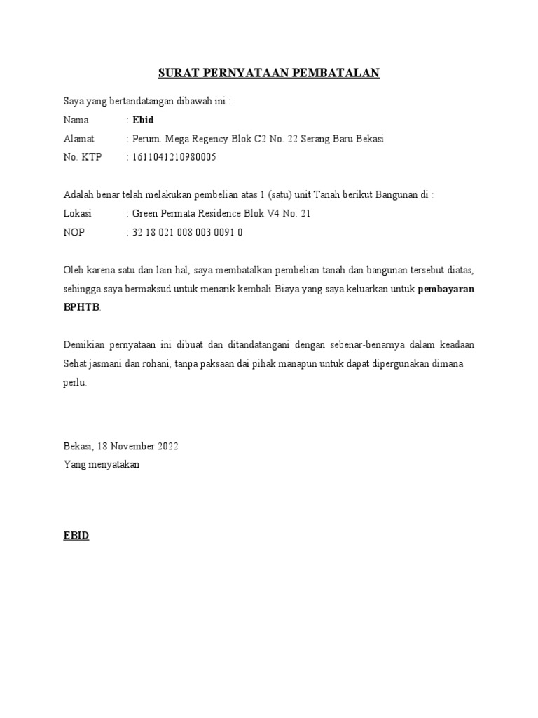 Surat Pernyataan Pembatalan | PDF