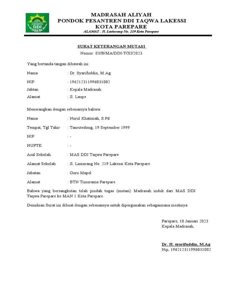 Surat Mutasi Bu Nurul | PDF