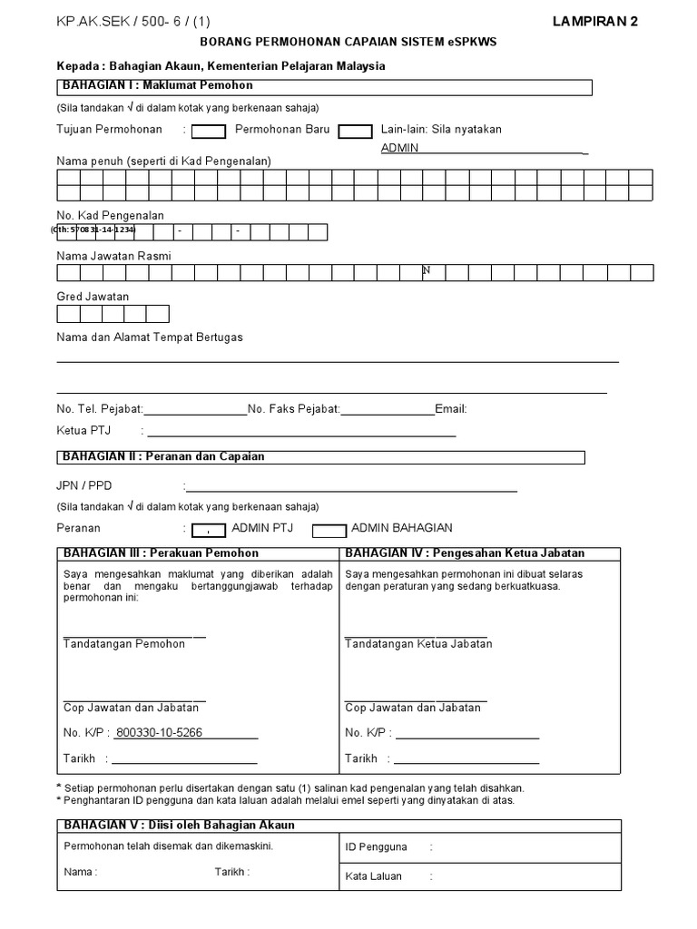 Lampiran 2 - Borang Permohonan Capaian ESPKWS (Peranan Admin) | PDF